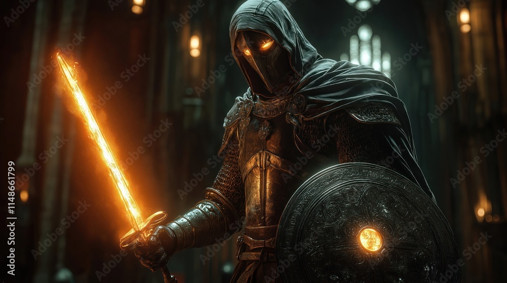 Fierce warrior clad in dark medieval armor holds flaming sword, shield ...