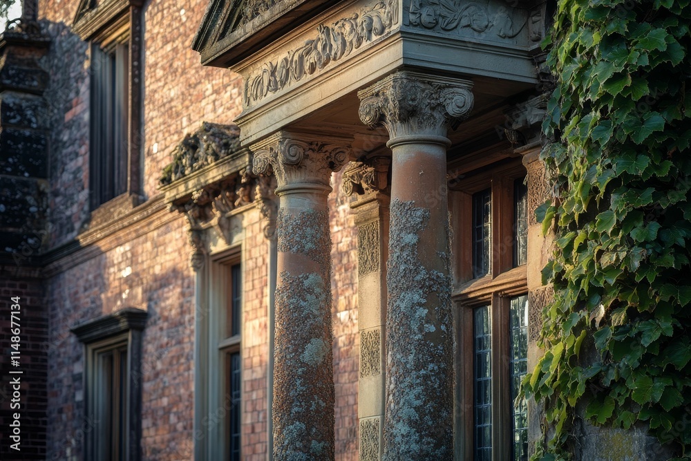 Ancient stone columns, brick building, ivy. の Stock イラスト | Adobe Stock