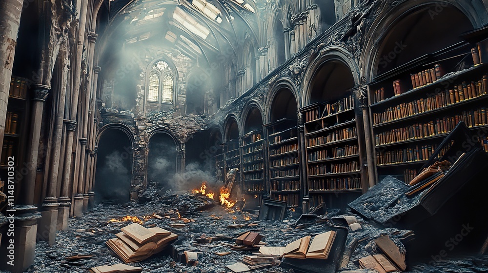 Fire-ravaged library interior; smoke, flames, destruction, ruined ...