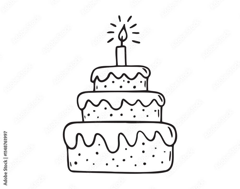 happy birthday cake doodle hand drawn icon. Outline drawing birthday ...