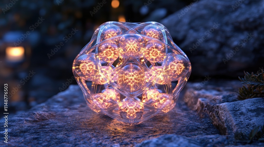 Abstract 3D visualization of atom-like structure; glowing particles ...