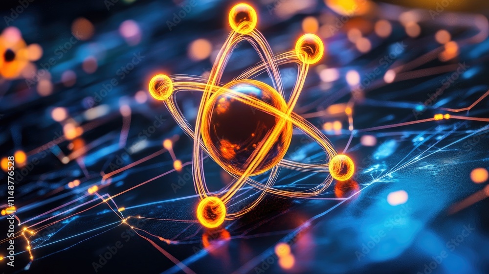 Abstract 3D visualization of atom-like structure; glowing particles ...