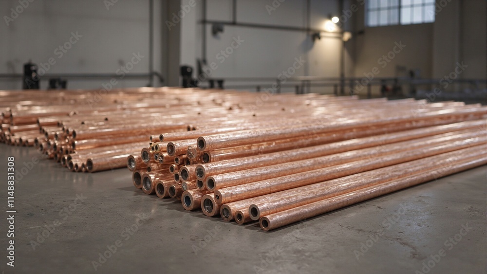 Industrial copper pipes in parallel rows on factory floor with soft lighting and polished ...