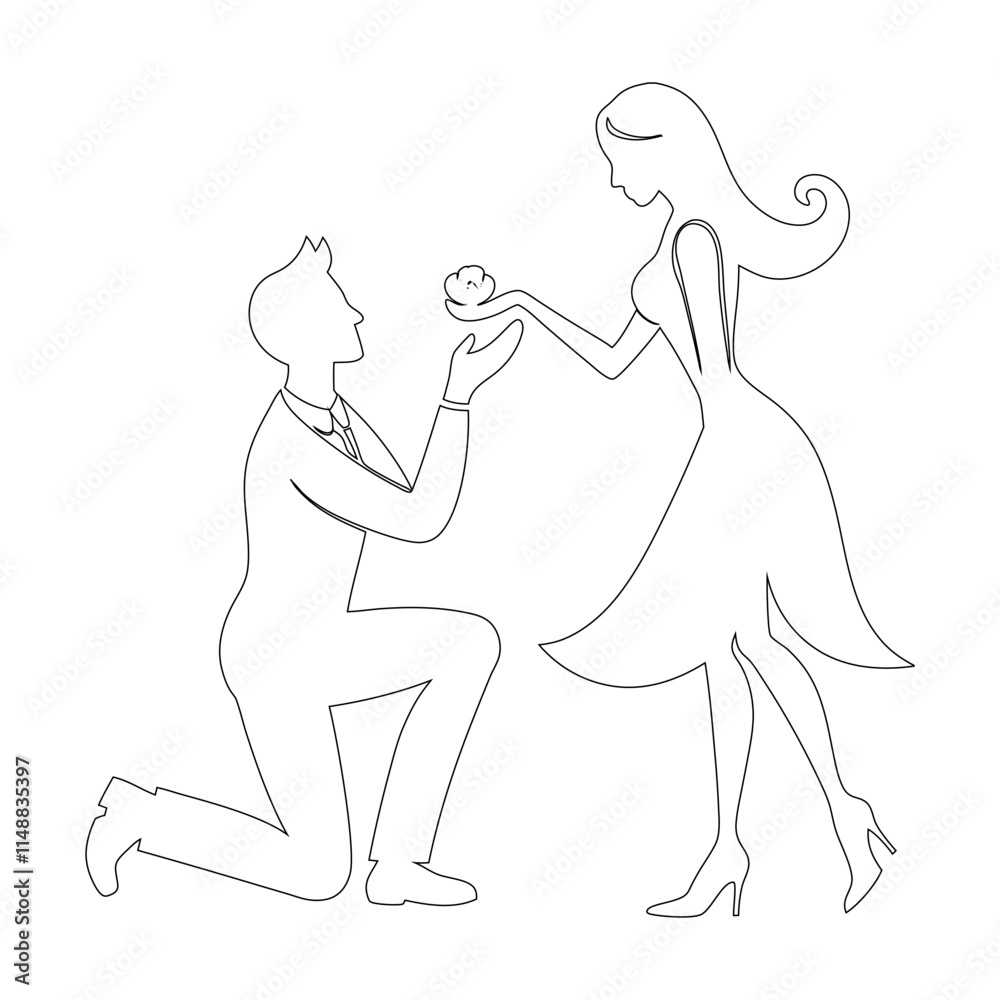 Romantic Proposal Couple - Continuous One Line Drawing Vector ...