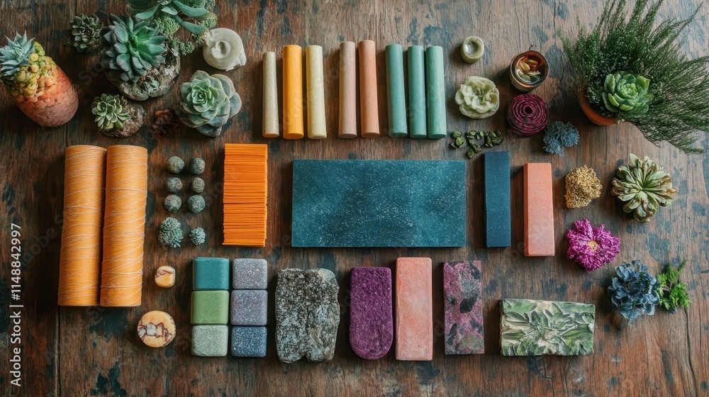 Whimsical arrangement of yoga props--blocks, straps, and a mat ...