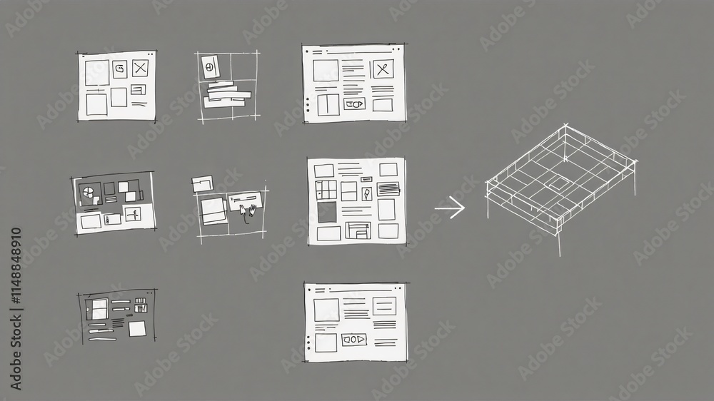 Visual design process showcasing the transformation of wireframe ...