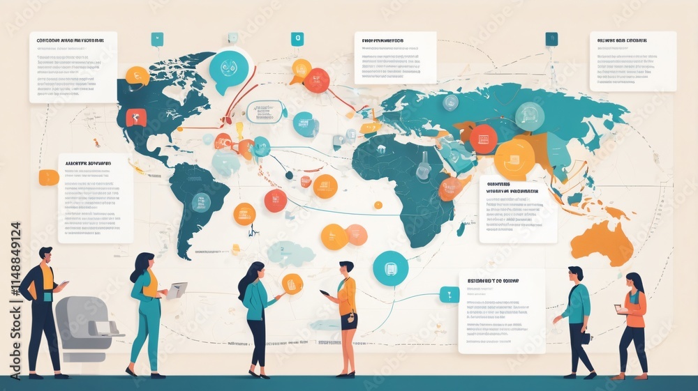 Global communication network and information flow illustrated on a ...