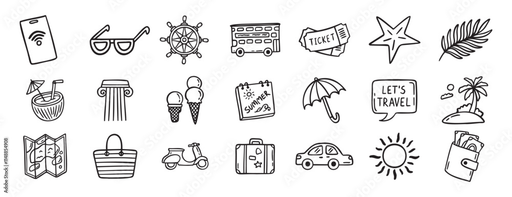 travel doodle hand drawn icon set. Outline drawing travel tourism line ...
