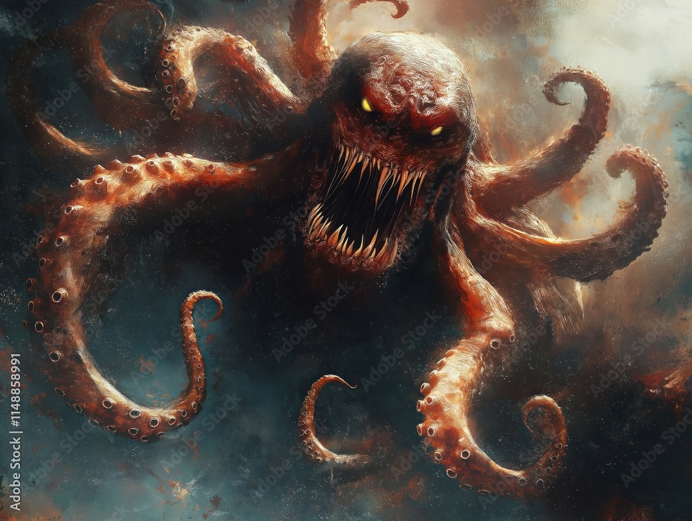 Terrifying monster with tentacles, sharp teeth. Horrific presence fills ...