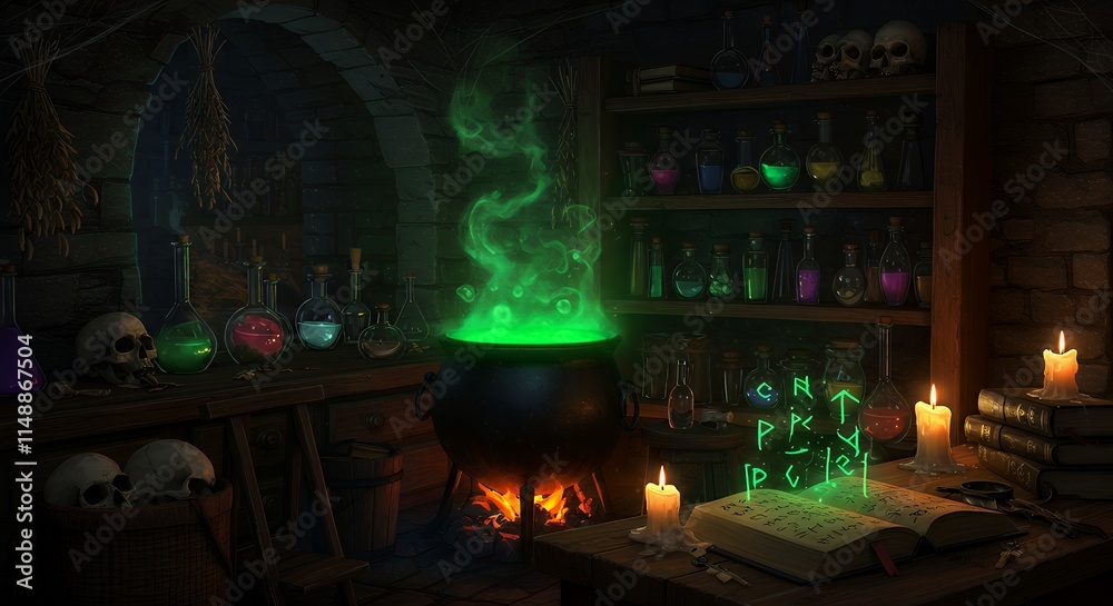 Inside a dark, mystical potion lab of an old witch, shelves are lined ...