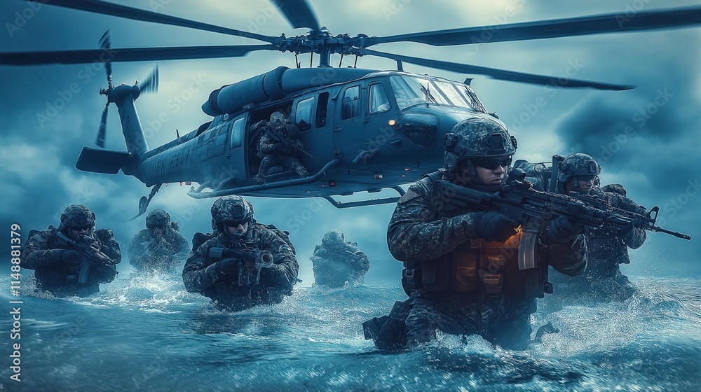 Navy SEALs deploy from helicopter over water. Soldiers in tactical gear ...