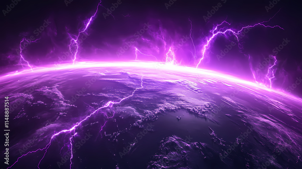 Mysterious purple lightning storm surrounding earth, cosmic energy, sci ...