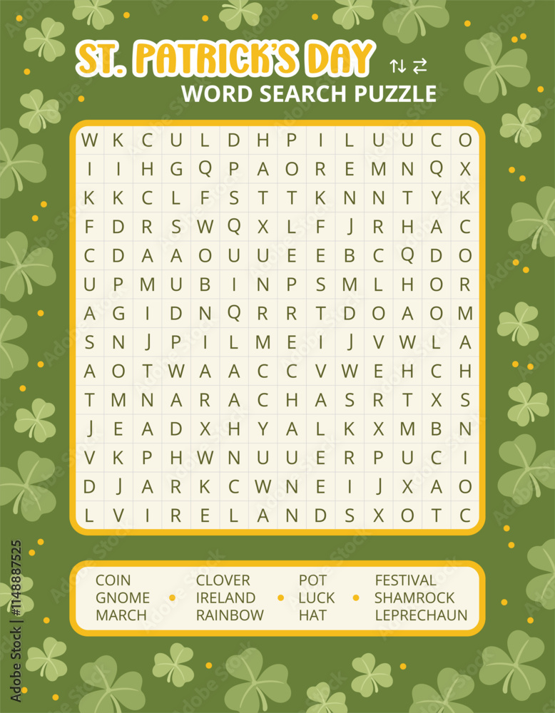 St Patrick's Day word search puzzle game on a shamrock background ...