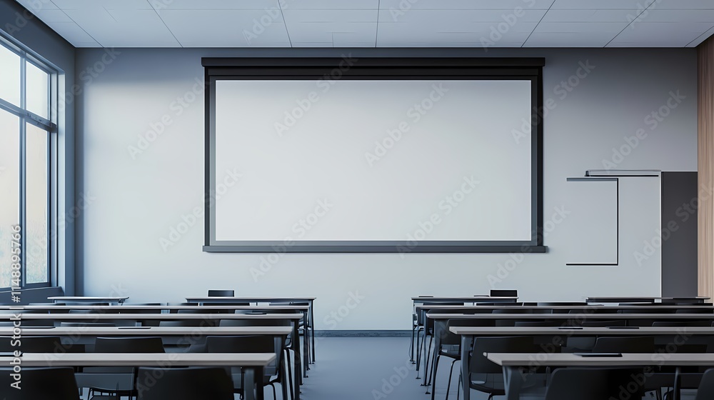 Blank projector screen on the wall in a conference room, ready for a ...
