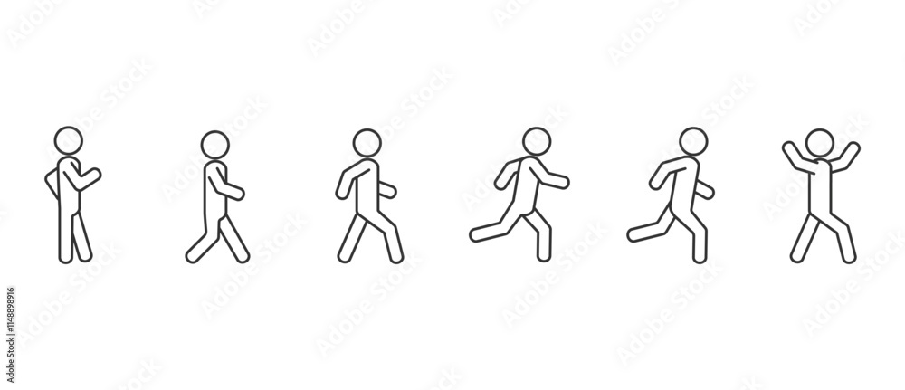People walking and running icons, line icons in side view different ...