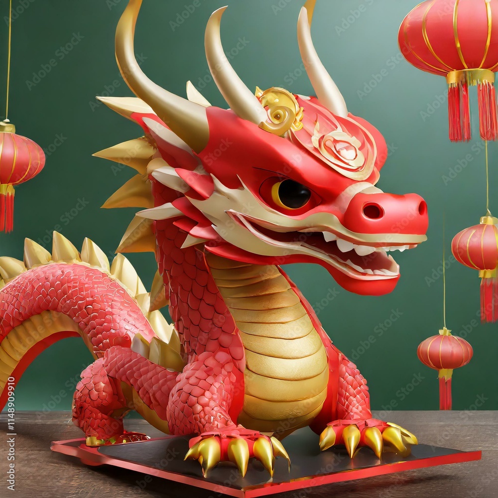 A decorative red dragon figurine with golden accents, featuring a ...