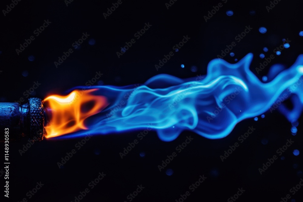 Gas torch burner emits blue flame against dark backdrop Stock Photo ...