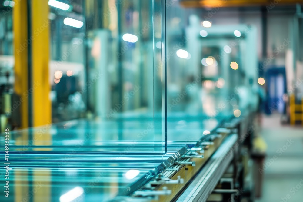 Machines in a factory are lowering large panes of glass Stock Photo ...
