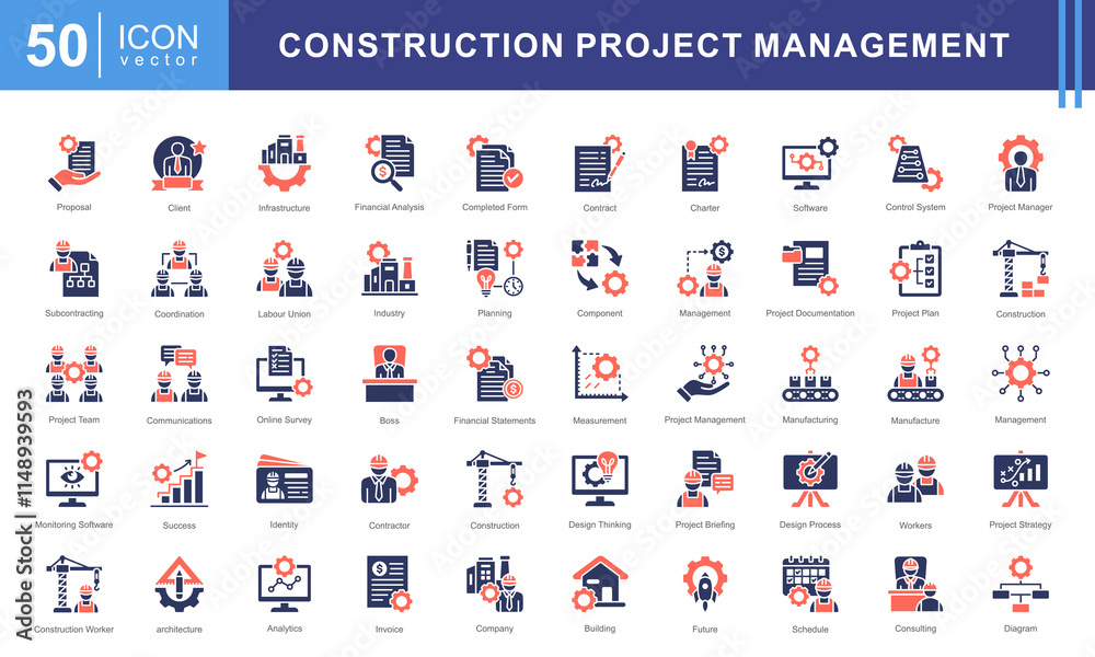 Project construction management icon collection set. Containing subcontractor, design, success ...