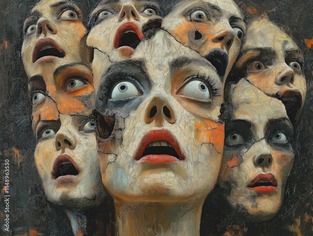 Surreal painting features collage of faces. Multiple expressions of ...