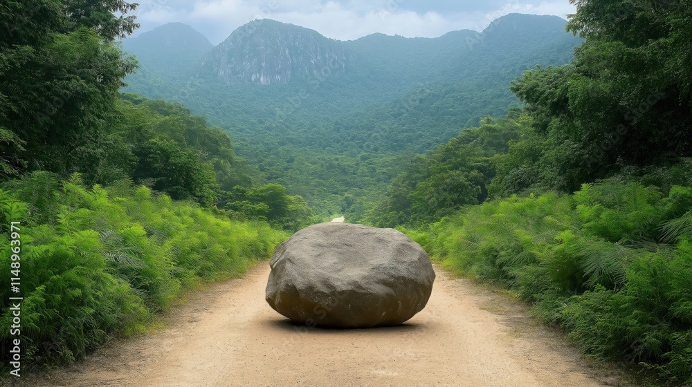 Huge boulder blocks narrow path amidst rich green vegetation. Nature ...