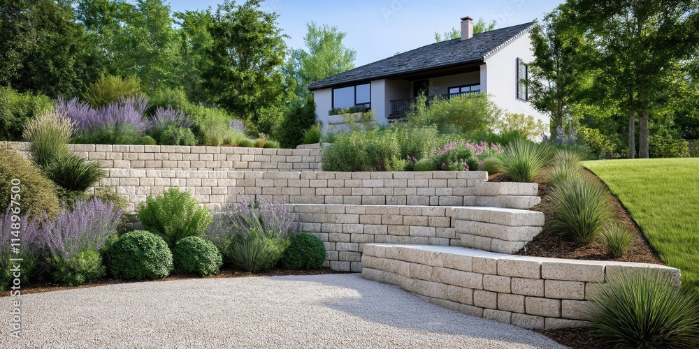 Landscaping project shows new retaining wall with interlocking blocks ...