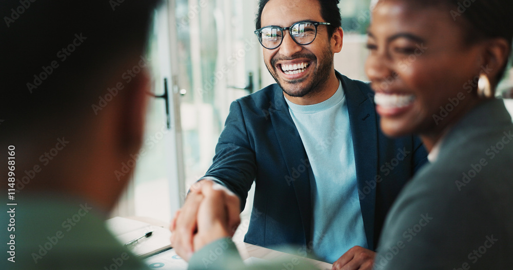 Business, people and handshake with welcome in office for b2b upsell ...