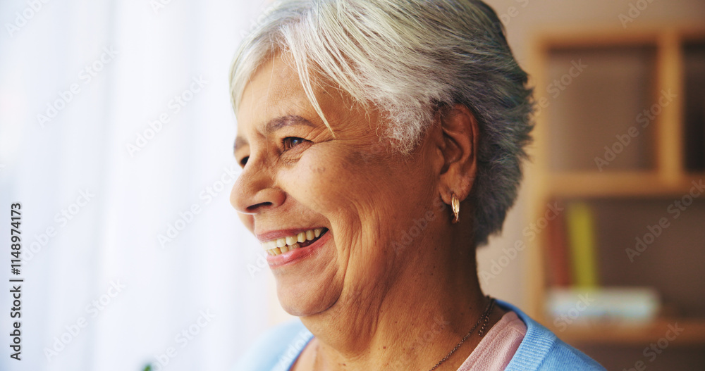 Smile, thinking and senior woman in home for view, reflection or nostalgia by window in living ...