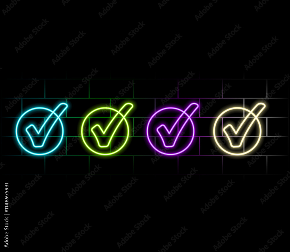 Vector de Stock Outline neon check tick icon. Glowing neon checkmark sign, tick approve ...