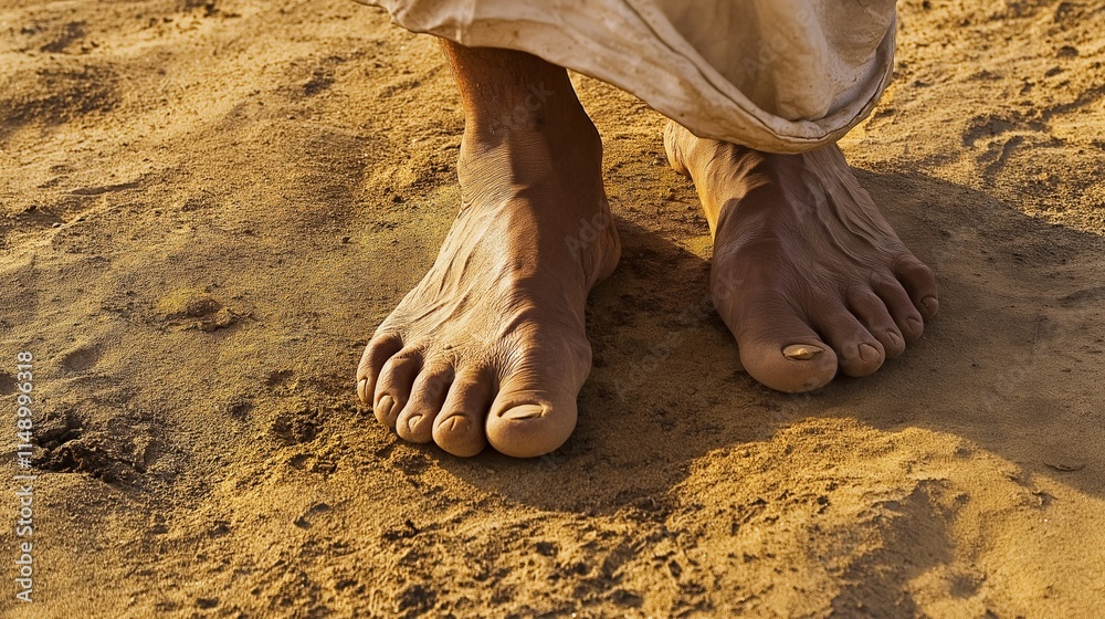 Simple details of a sandy ground and a sandal-clad foot, grounding the ...