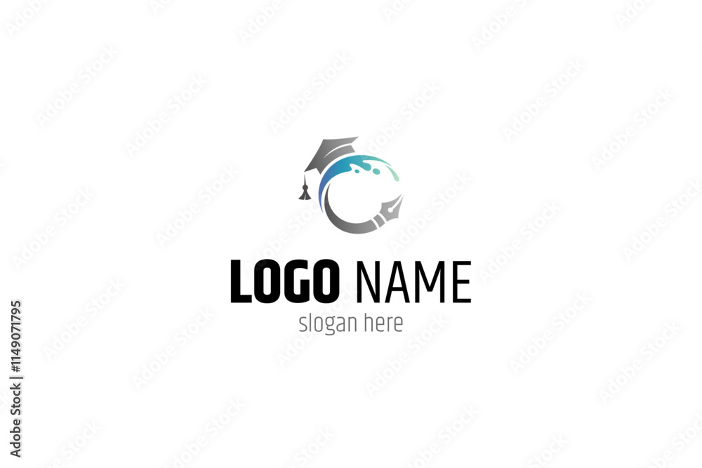 Education graduation logo with pen and water splash symbol in flat ...