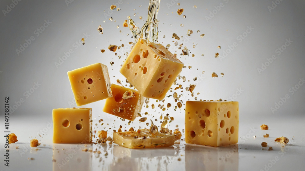 This whimsical concept imagines cheese cubes defying gravity, soaring ...