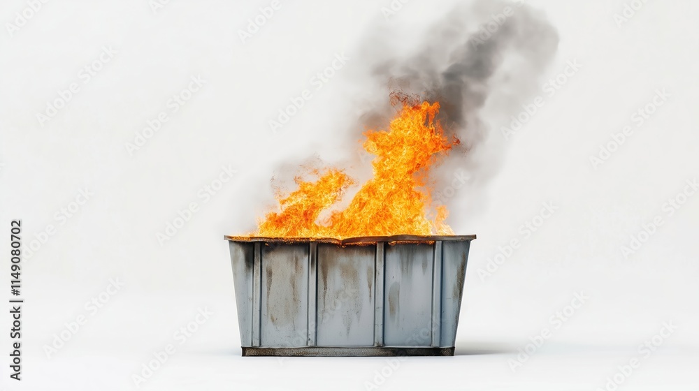 Burning dumpster on white background. Flames, smoke rise from rubbish ...