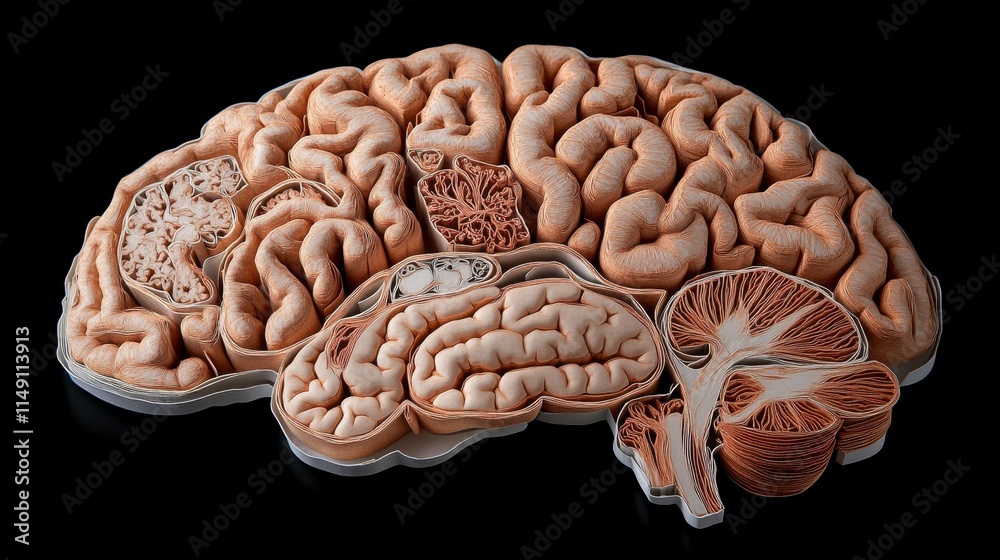 An artistic paper-cut design of the human brain, focusing on different ...