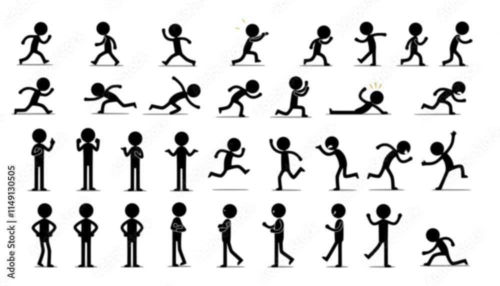 Stickman icons. Stick figures black silhouettes showing various poses ...
