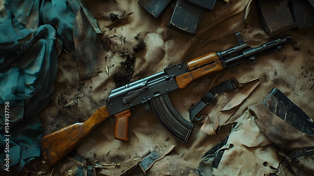 Military AK in Disarray: A Close-Up of an AK Rifle Lying on the Ground ...