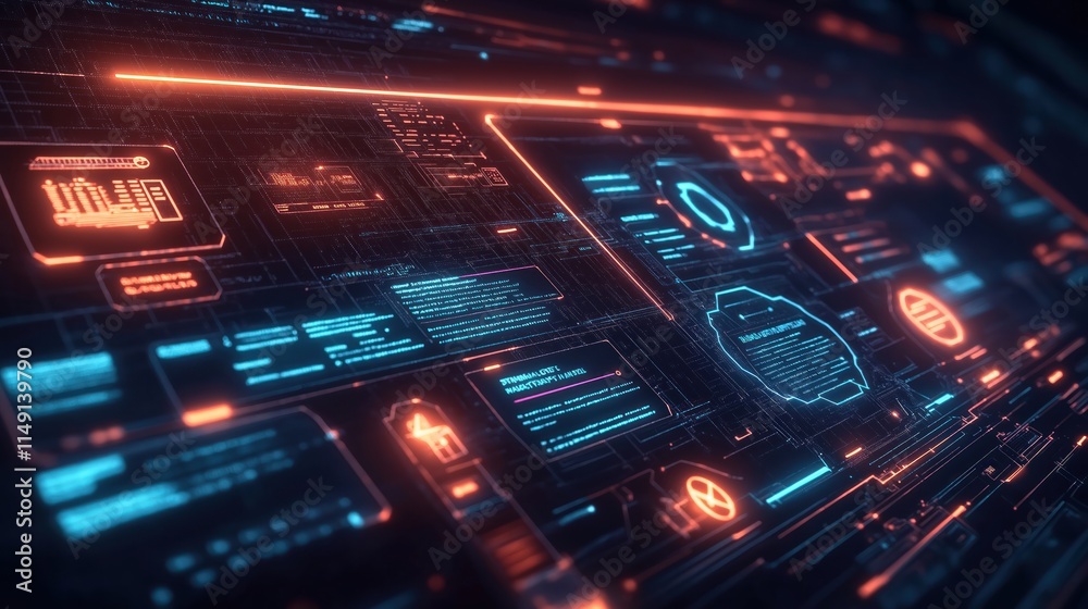 Futuristic software development lifecycle interface with testing phases ...