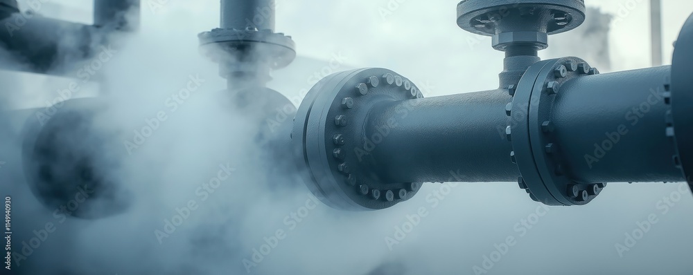 Industrial pipes release steam. Heavy machinery operates efficiently ...