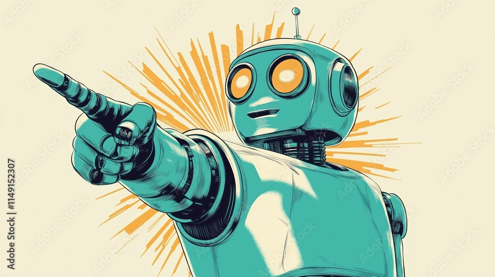 Retro robot points, promoting sale. Colorful vintage pop art style ...