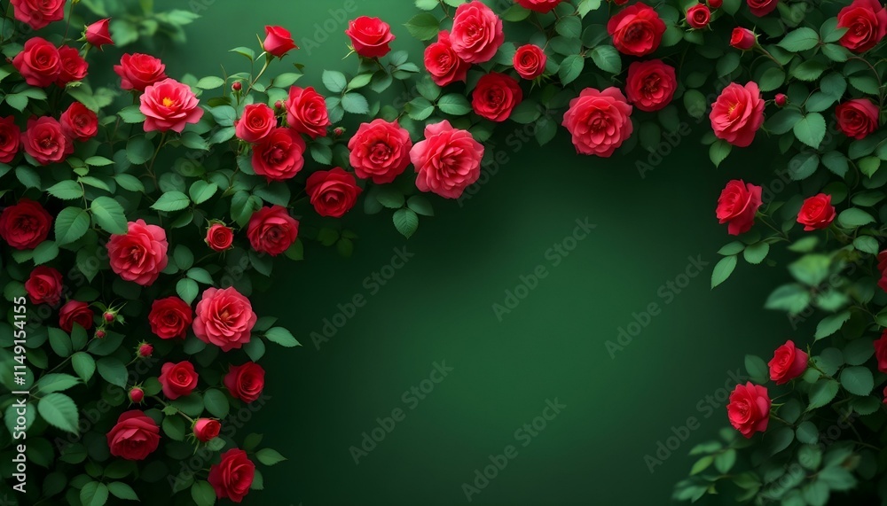 Arbusto de rosas rojas en forma de arco natural con fondo verde y ...