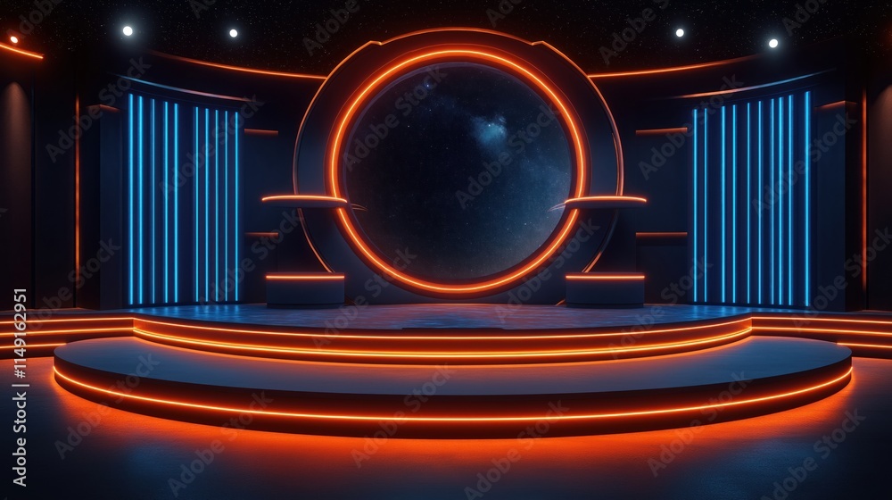 Futuristic virtual studio backdrop designed for talk show. Modern stage set with neon lights ...