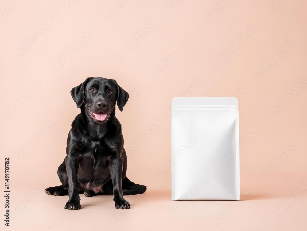 Realistic blank pet food pouch packaging with a calm black Labrador ...