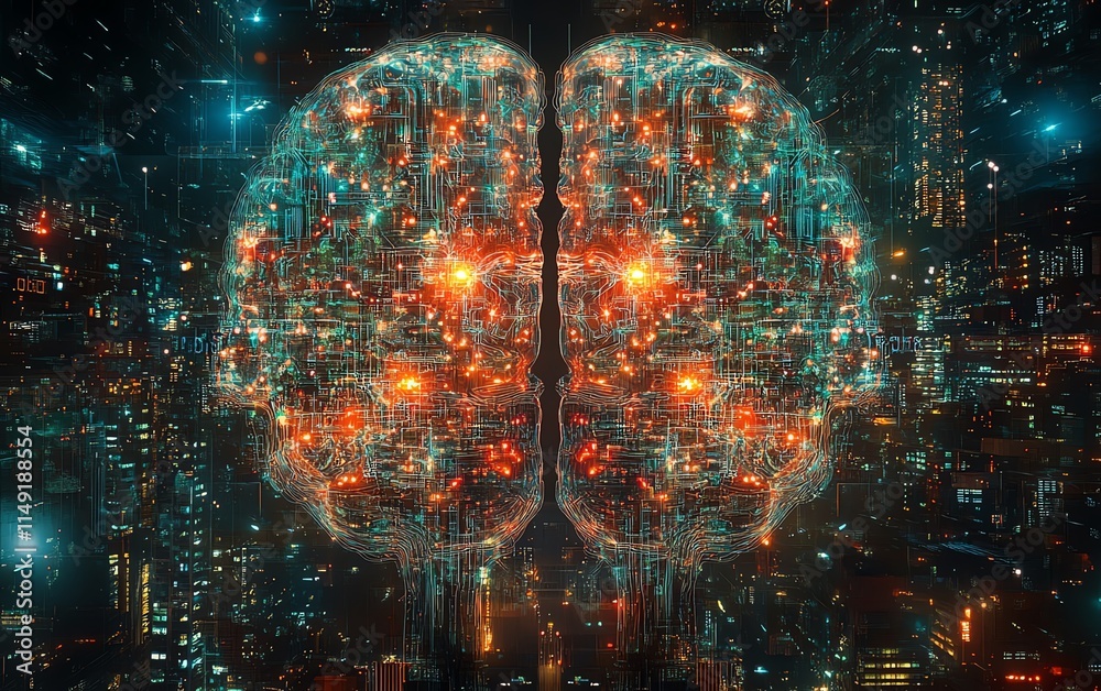 Splitbrain conceptual art, one side a matrix of glowing circuits, the ...