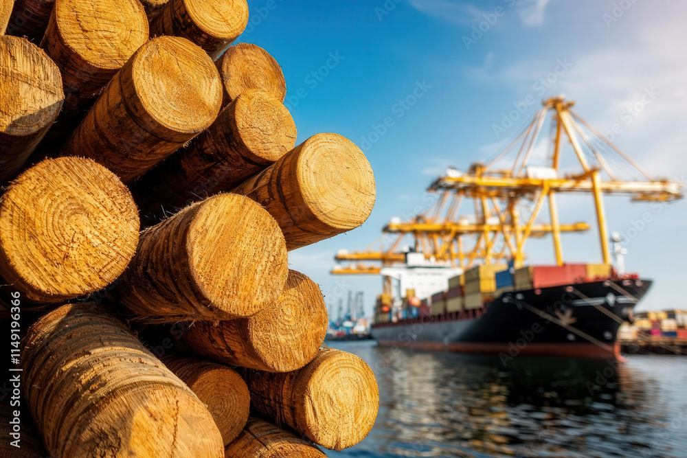 Vessel unloading goods at busy port with stacked logs in foreground ...