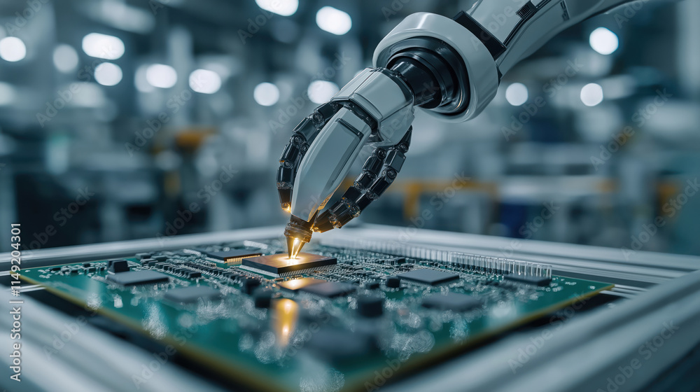 Robotic arm precisely positions electronic chip on circuit board ...