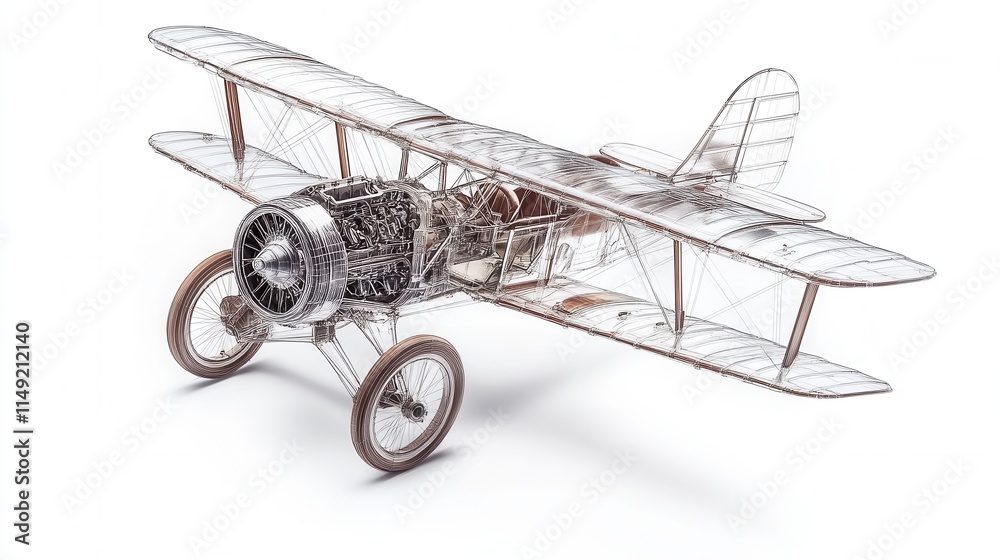 3D Wireframe Model of Vintage Biplane Detailed Rendering of Classic ...