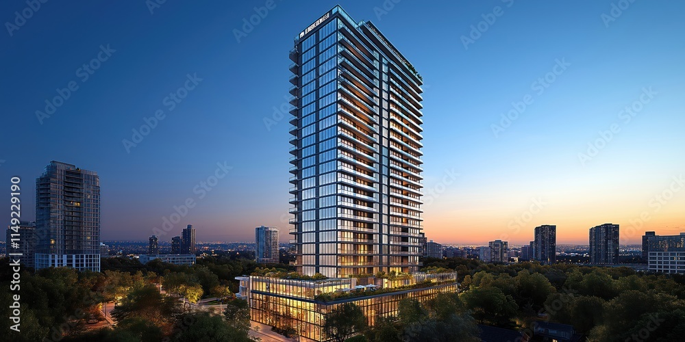Modern high-rise building with glass exterior, rooftop amenities ...