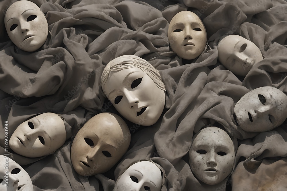 Pile Of Discarded Masks At The Foot Of A Lonely Figure, Their Real Face ...