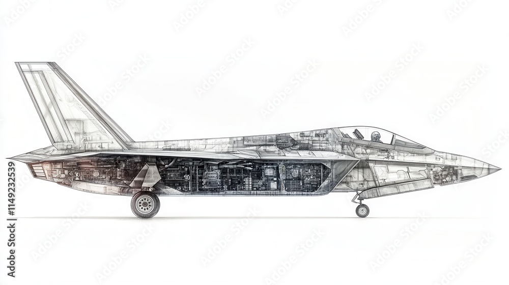 Detailed Technical Sketch of F-22 Raptor Stealth Fighter Jet - Cutaway ...