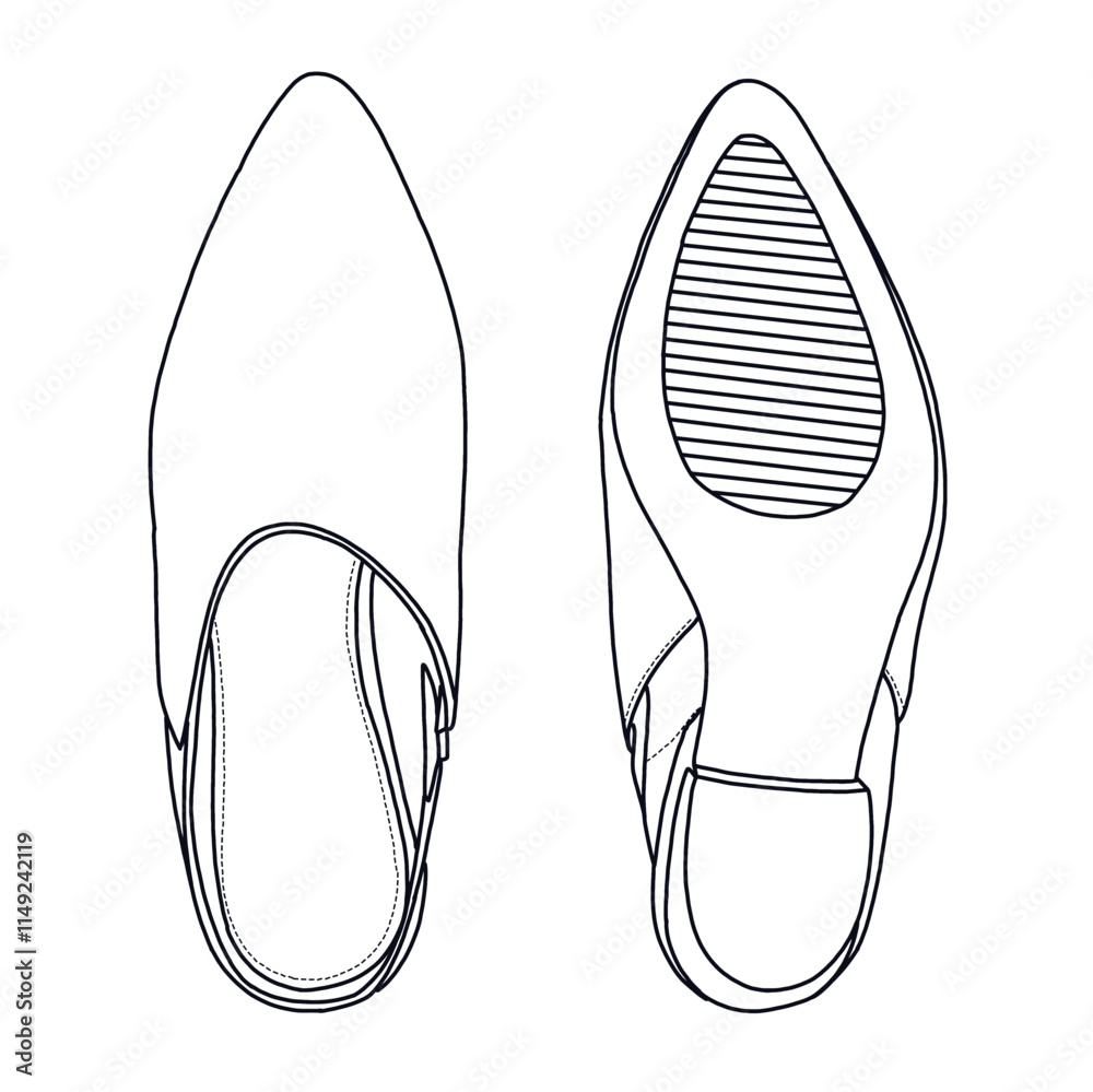 Women's Pointed Toe Block-Heeled Mule shoes Line art, Technical sketch ...